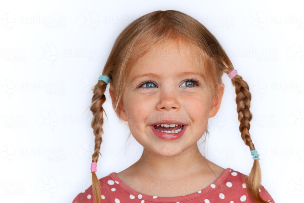 Image of Portrait of smiling young Australian Caucasian child on white ...