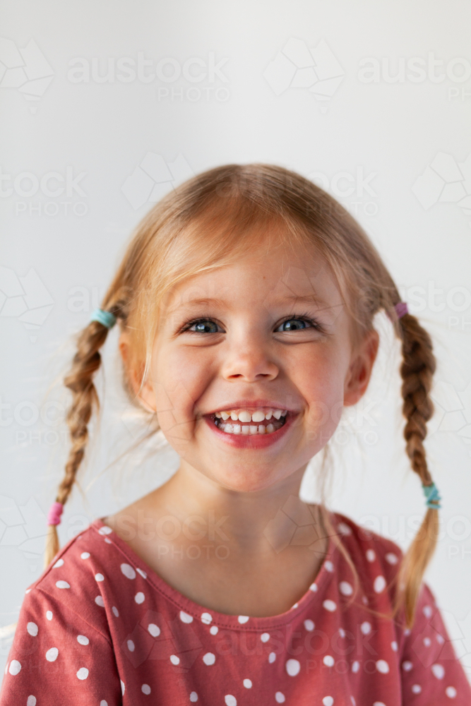 Image of Portrait of smiling young Australian Caucasian child on white ...