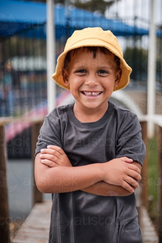 Image of Portrait of young aboriginal boy at preschool - Austockphoto