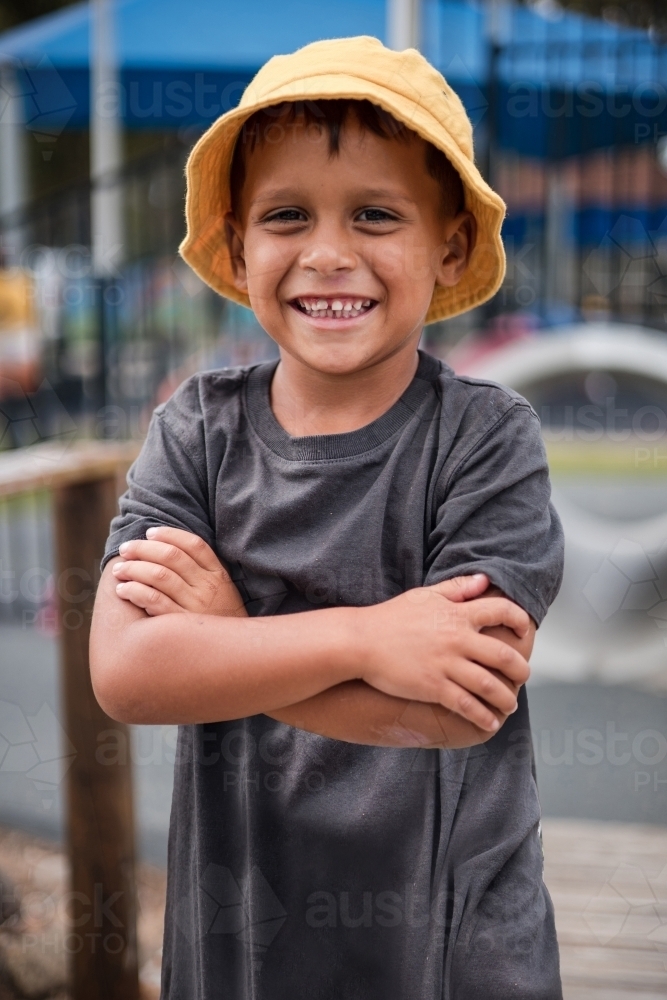 Image of Portrait of young aboriginal boy at preschool - Austockphoto