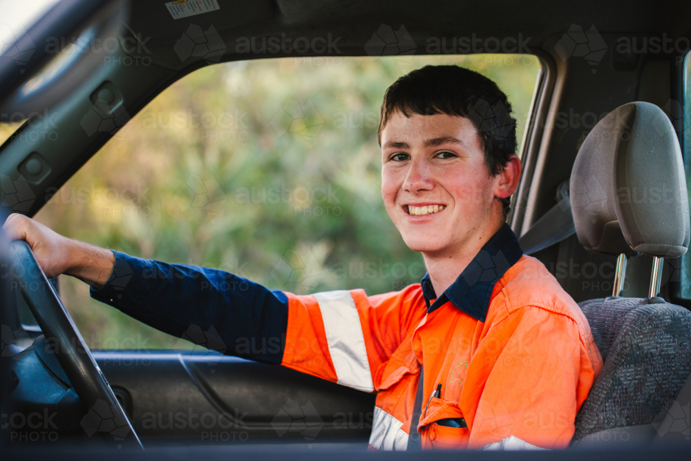 Image of Portrait of young teenaged Australian driver driving ute in ...