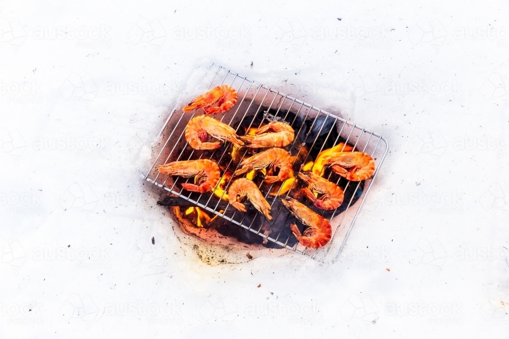Image of Prawns being cooked over pit in the snow - Austockphoto