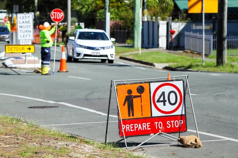 Image of Prepare to stop at roadworks. - Austockphoto