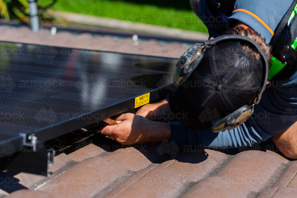 Image of pv string disconnection point label on solar panel system with ...