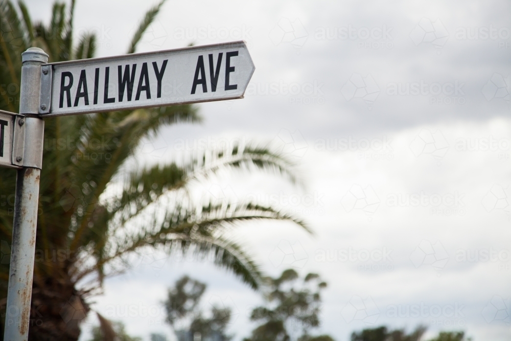 Image of Railway Ave road sign with copy space and cloudy overcast sky ...