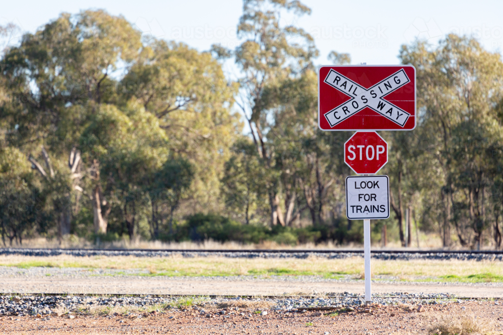 Image of Railway crossing stop look for trains sign - Austockphoto