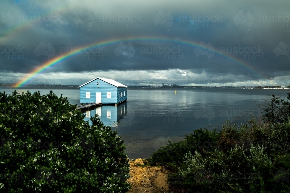 Image of Rainbow over Crawley Edge blue boatshed, Perth, Western ...