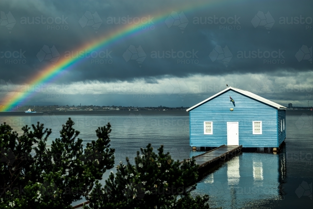 Image of Rainbow over Crawley Edge blue boatshed, Perth, Western ...