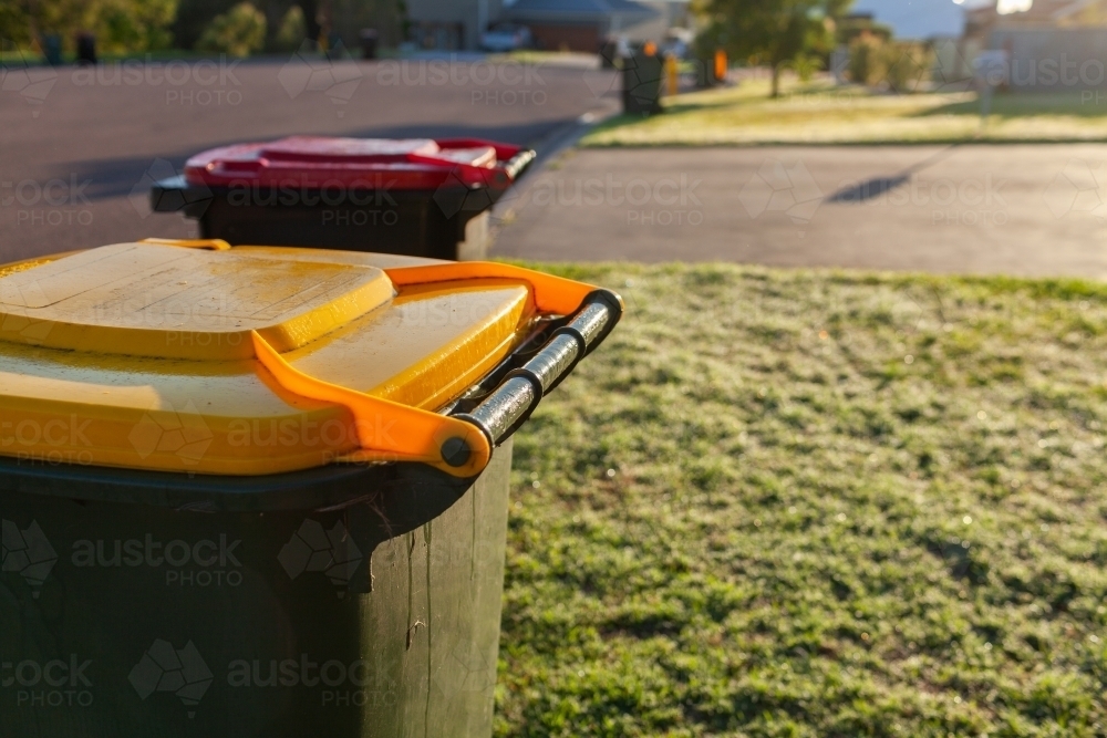 Image of Recycling bin siting on suburban roadside in morning light ...