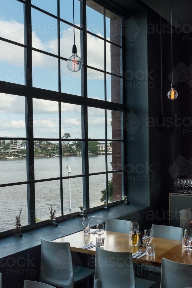 Image of restaurant interior, window with a view - Austockphoto