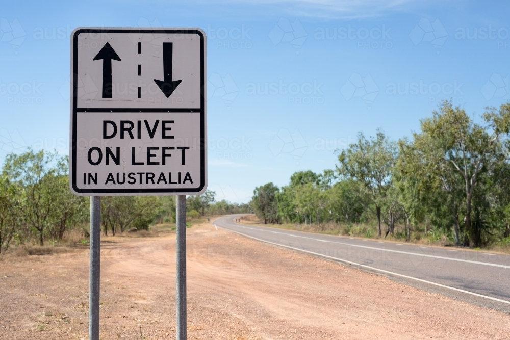 Image of Road sign about driving on the left - Austockphoto
