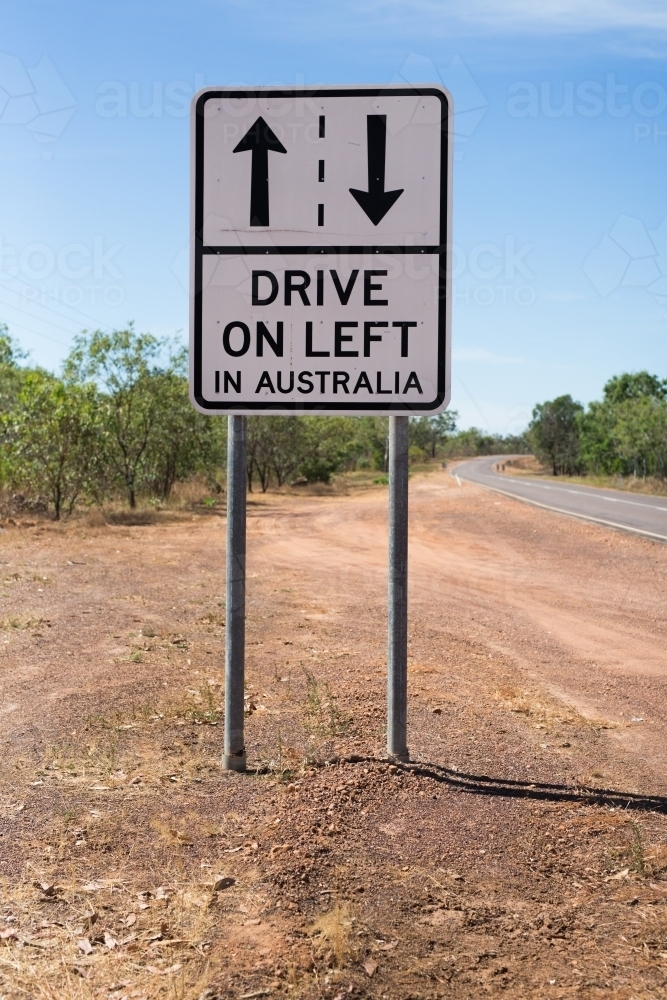 Image of Road sign about driving on the left - Austockphoto