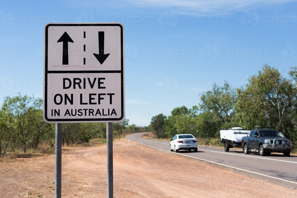 Image of Road sign about driving on the left with traffic in the ...