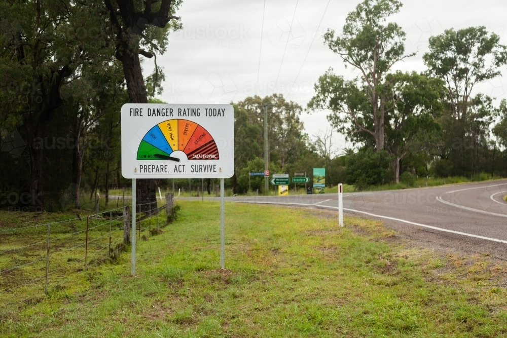 Image of roadside fire danger rating sign near country intersection ...