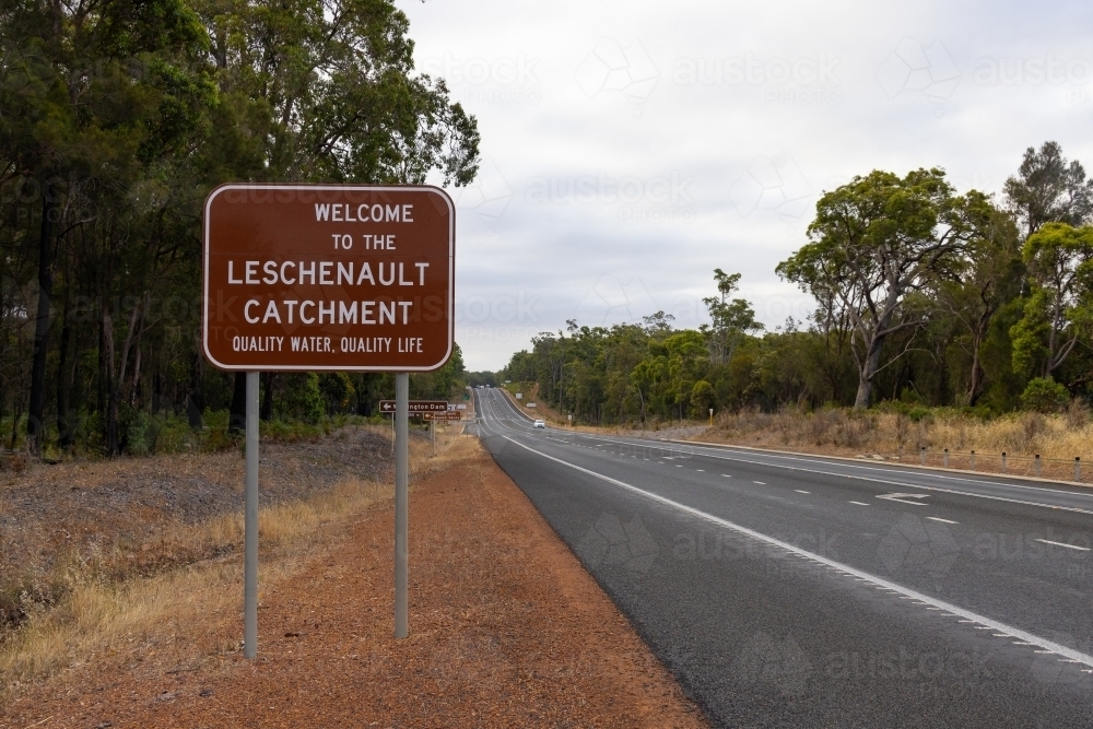 Image of roadside sign welcome to Leschenault Catchment quality water ...