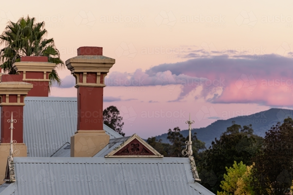 Image of Rooftop of the historic Mudgee Railway Station with pink and ...