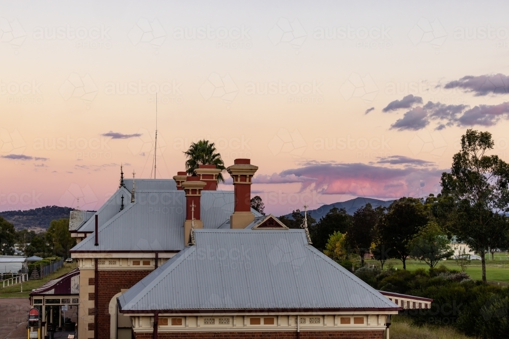 Image of Rooftop of the historic Mudgee Railway Station with pink and ...