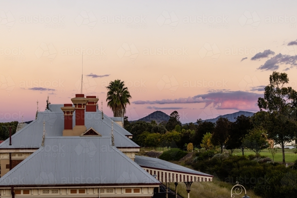 Image of Rooftop of the historic Mudgee Railway Station with pink and ...