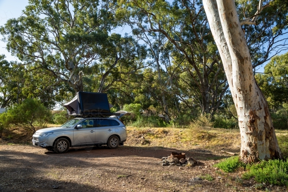 Image of Rooftop tent camping in the Australian bush. - Austockphoto