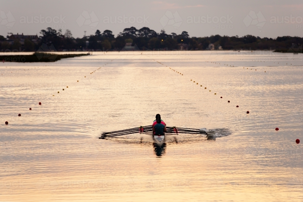 Image of Rowing training on a lake in the evening - Austockphoto