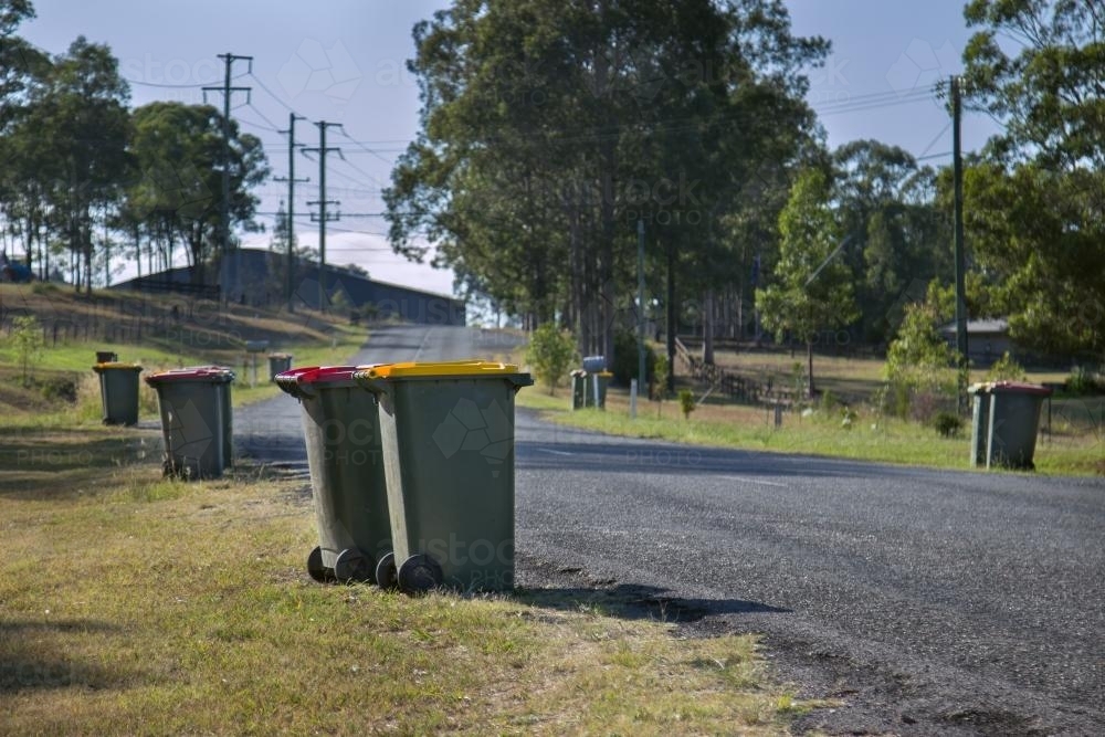 Image of Rubbish and recycling bins waiting for collection beside a ...