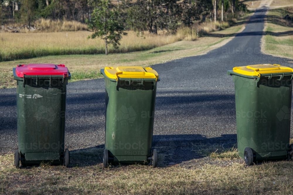 Image of Rubbish and recycling bins waiting for collection beside a ...