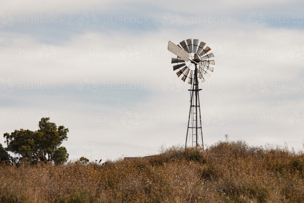Image of Rural Australian country scene with windmill on hill top ...