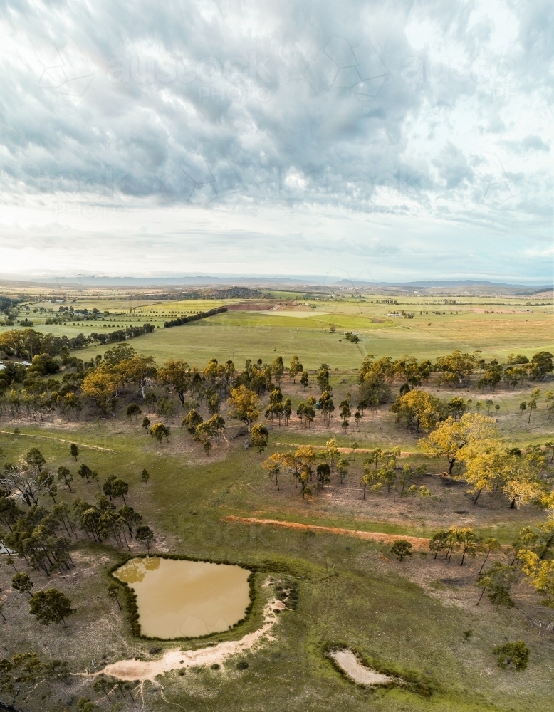 Image of Rural paddock with large dam full of muddy water and small dry ...