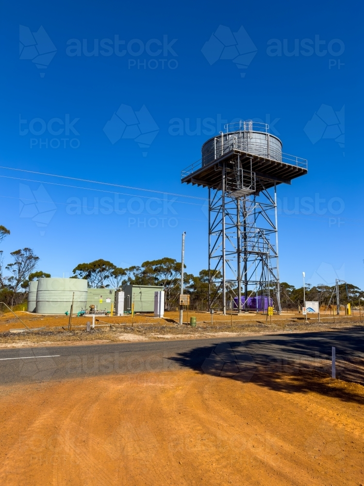 Image of rural water supply at Pingrup with raised tank and treatment ...