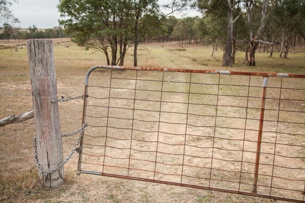Image of Rusty TSR paddock gate locked and chained closed - Austockphoto