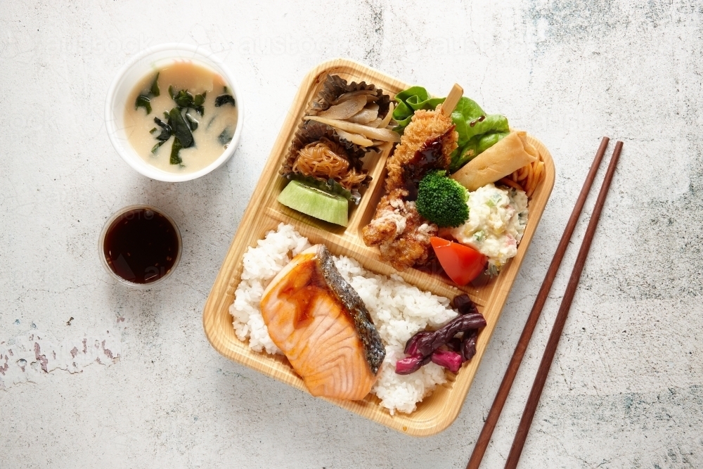Image of Salmon bento with miso soup - Austockphoto