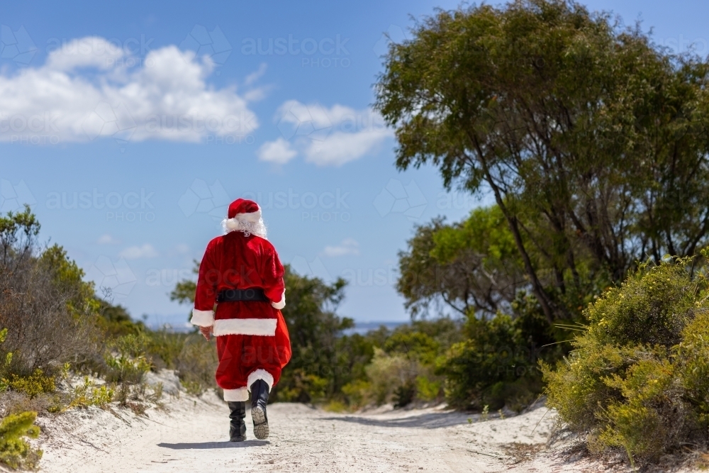 Image of Santa walking away down a track on a coastal block with bush ...