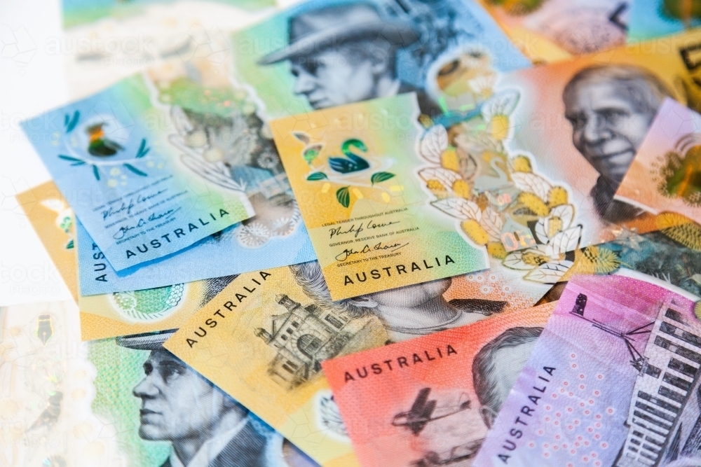 Image of Scattered pile of australian notes in cash five dollars to ...