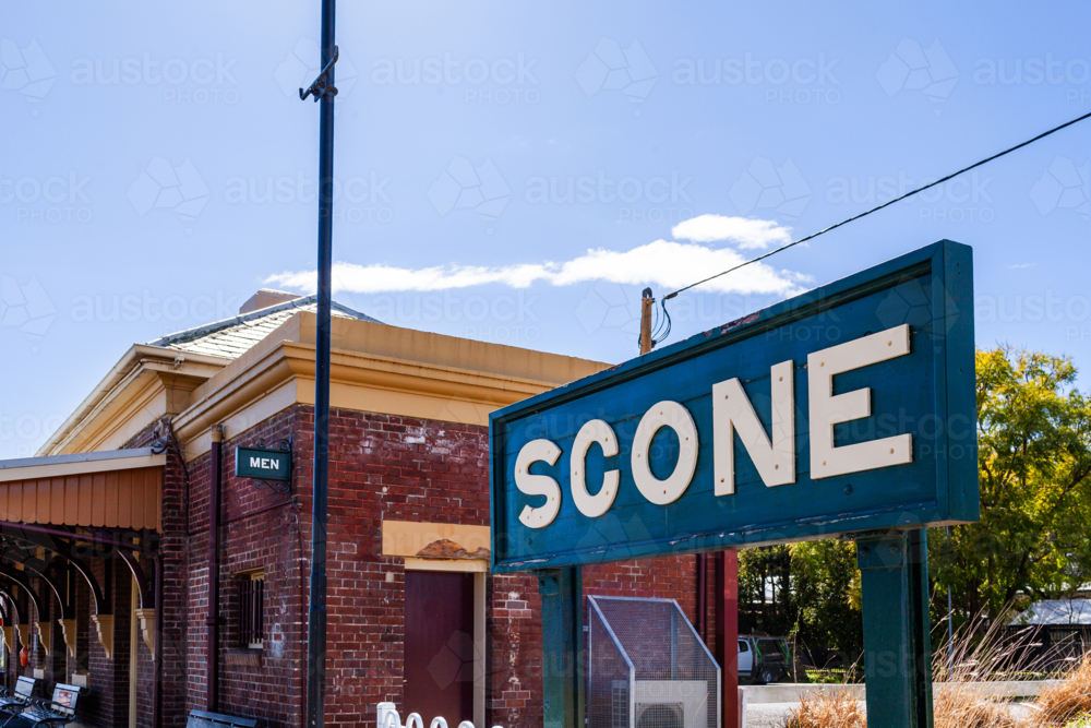 Image of Scone sign at train station platform in country town of scone ...