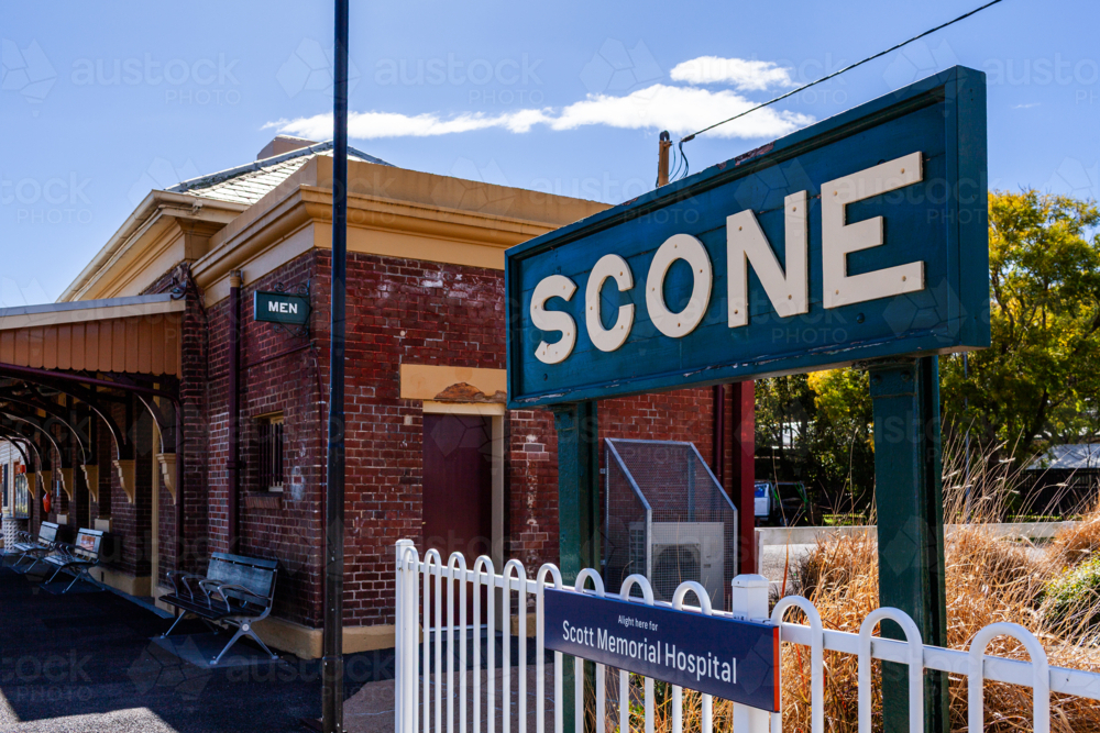 Image of Scone sign at train station platform in country town of scone ...