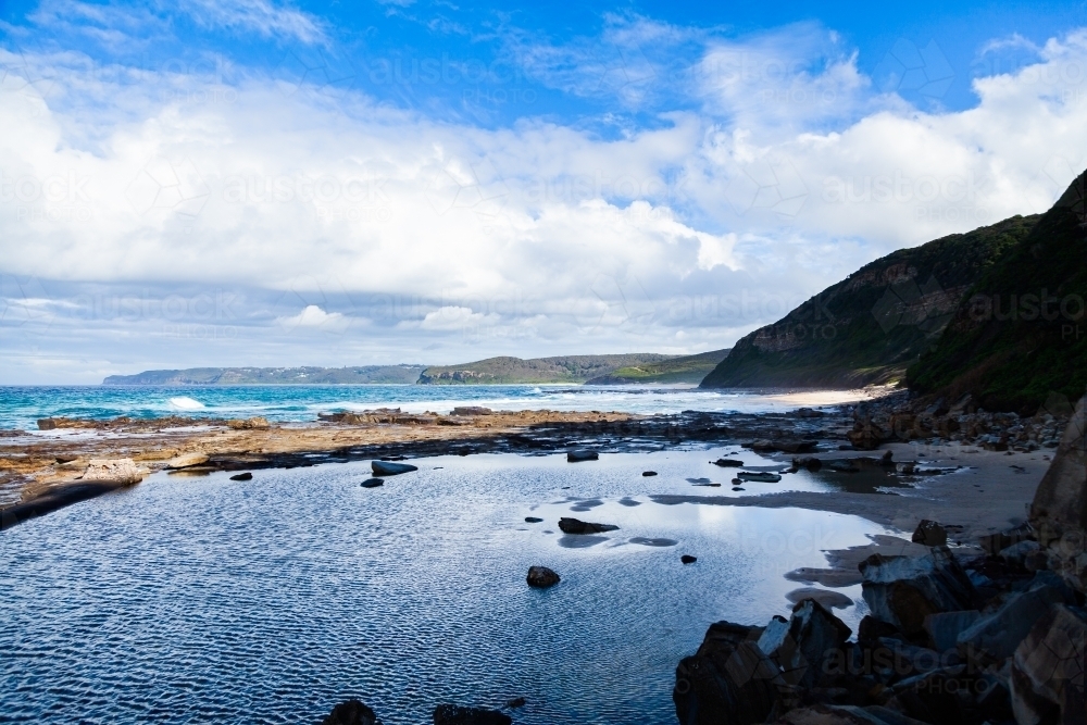Image of Seaside scene at Merewether looking along beach to the ocean ...