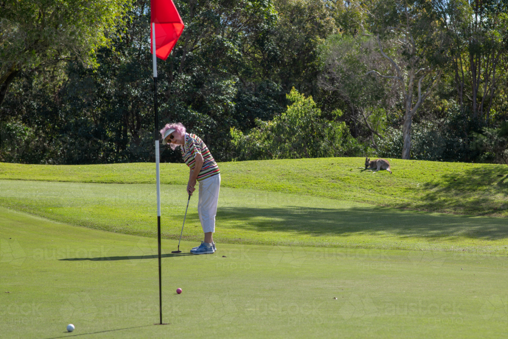Image of senior woman in a bright striped top playing a round of golf ...