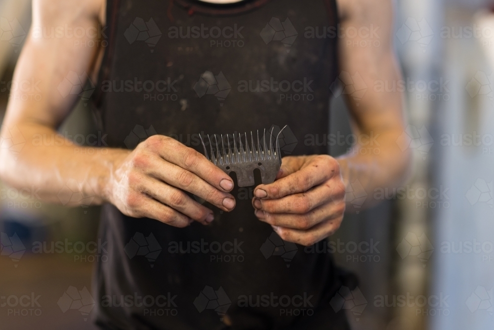 Image of shearer holding shearing comb in dirty hands - Austockphoto