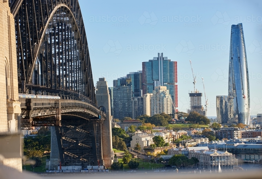 Image of Side view of harbour bridge overlooking Barangaroo - Austockphoto