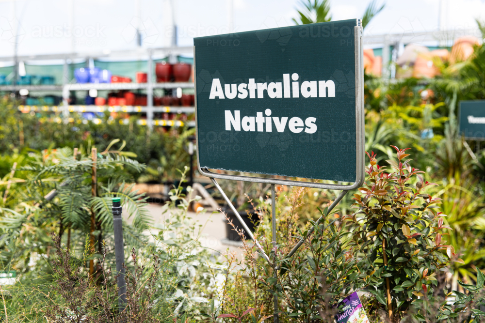 Image of sign for Australian Native plants at a gardening centre of a ...