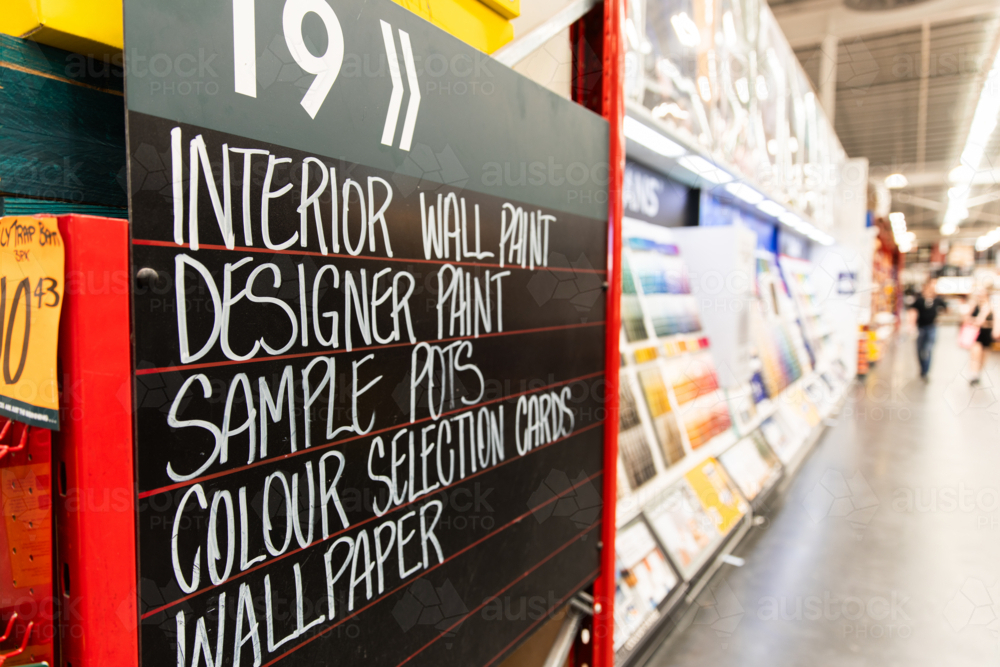 Image of sign for the paint aisle in hardware store - Austockphoto