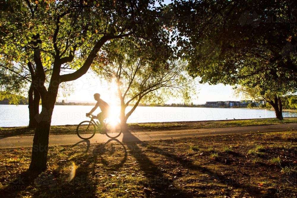 Image of Silhouette of early morning bike ride in Canberra - Austockphoto