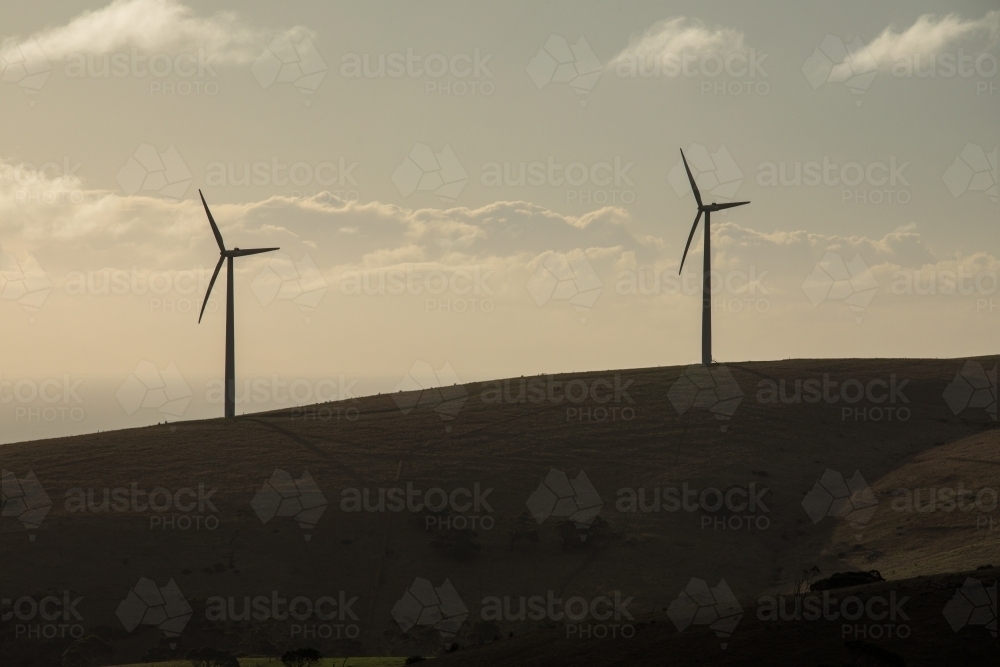Image of Silhouetted wind turbines on a hill in a paddock - Austockphoto