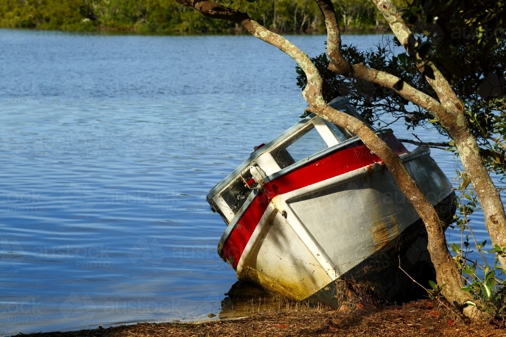 Image of Small boat under trees on the bank of a river. - Austockphoto