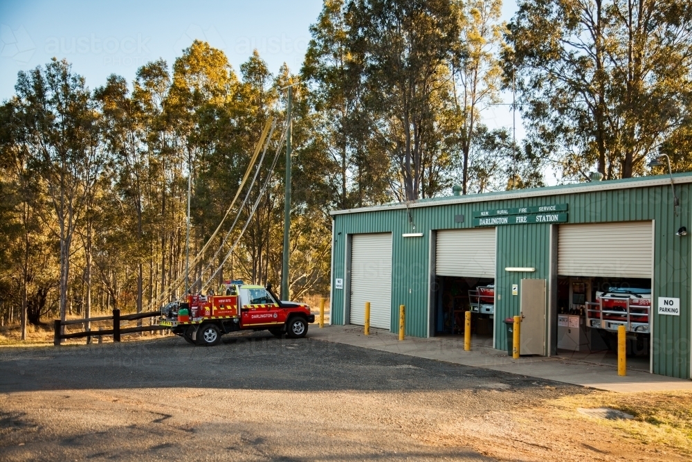 Image of Small country fire truck parked at rural fire station ready ...