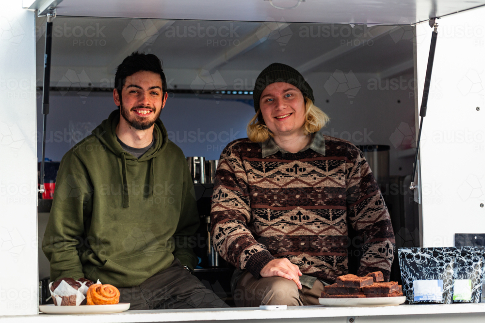 Image of smiling portrait of coffee van workers working for small ...