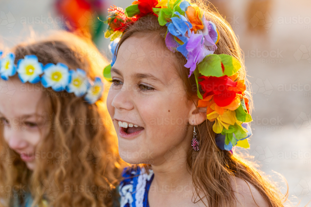 Image of smiling Torres Strait Islander dancer performer girl in traditional flower garland ...