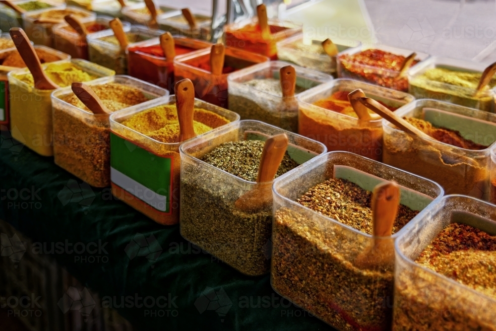 Image of Spices for sale at market stall, parsley, coriander, chilli ...
