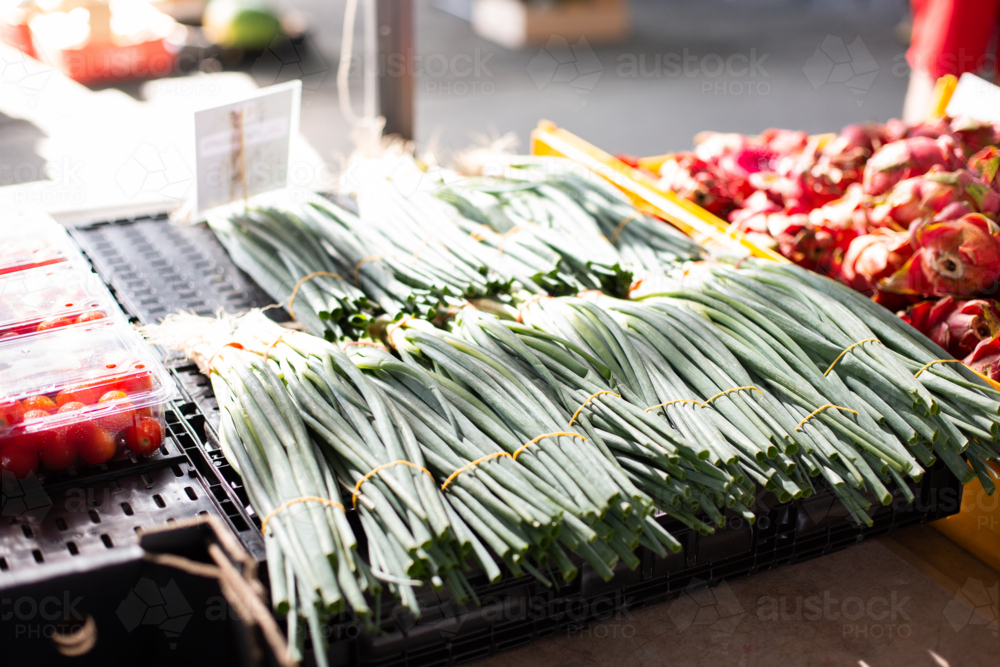 Image of spring onions on a table in the sun at the markets - Austockphoto