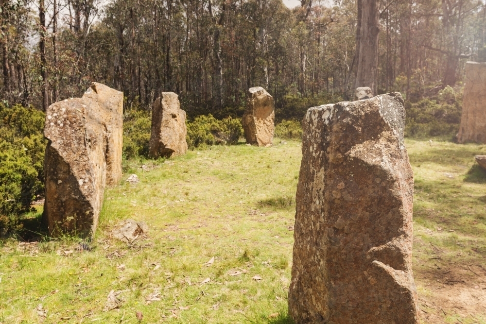 Image of standing stones in a forest - Austockphoto
